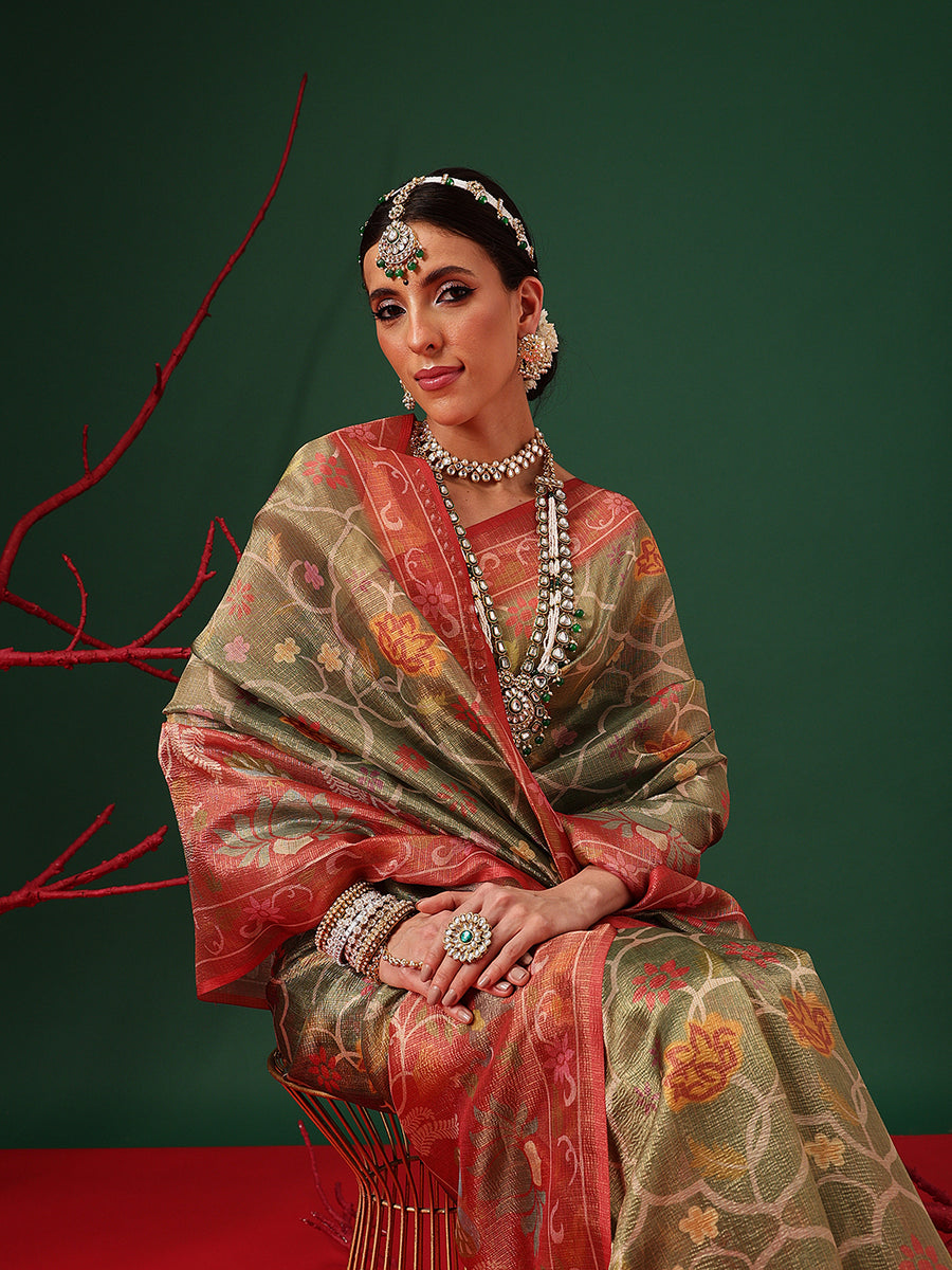 Natural Tone Crush Tissue Saree with Minimal Border – Silk Land